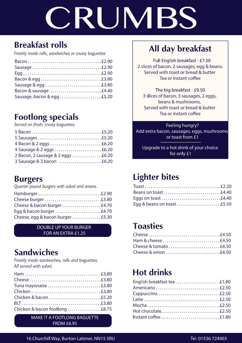 Menu at Crumbs cafe, Kettering