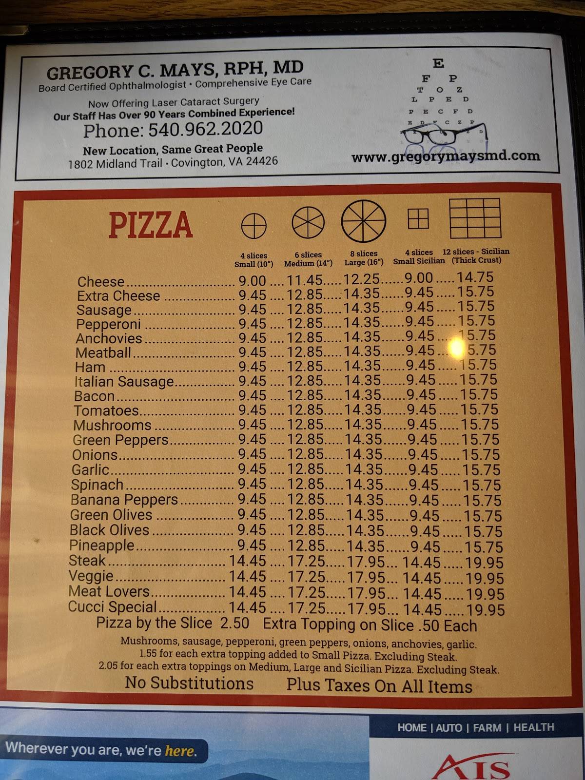 Menu at Cucci's Pizzeria, Covington
