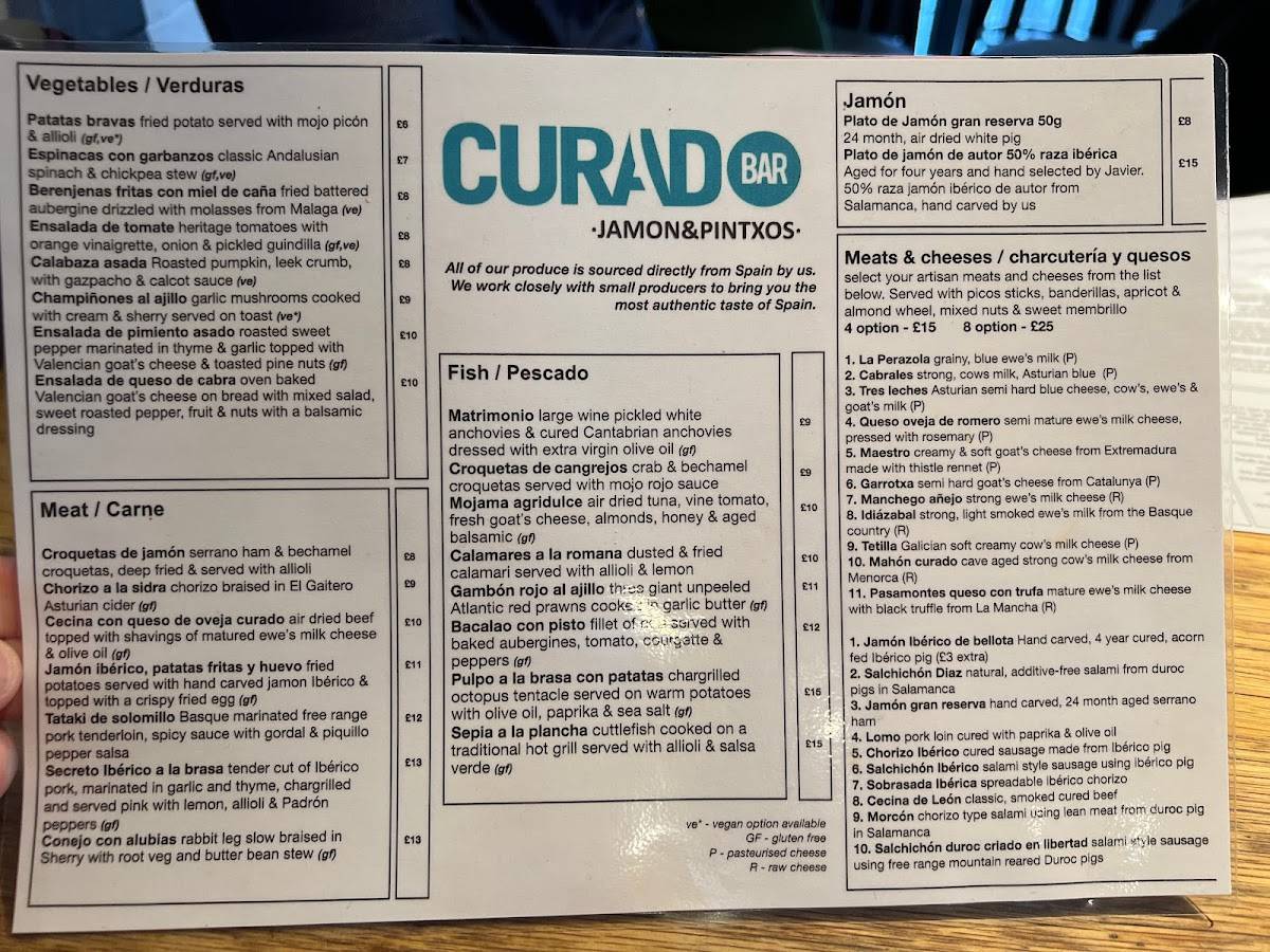 Menu at Curado Bar, Cardiff