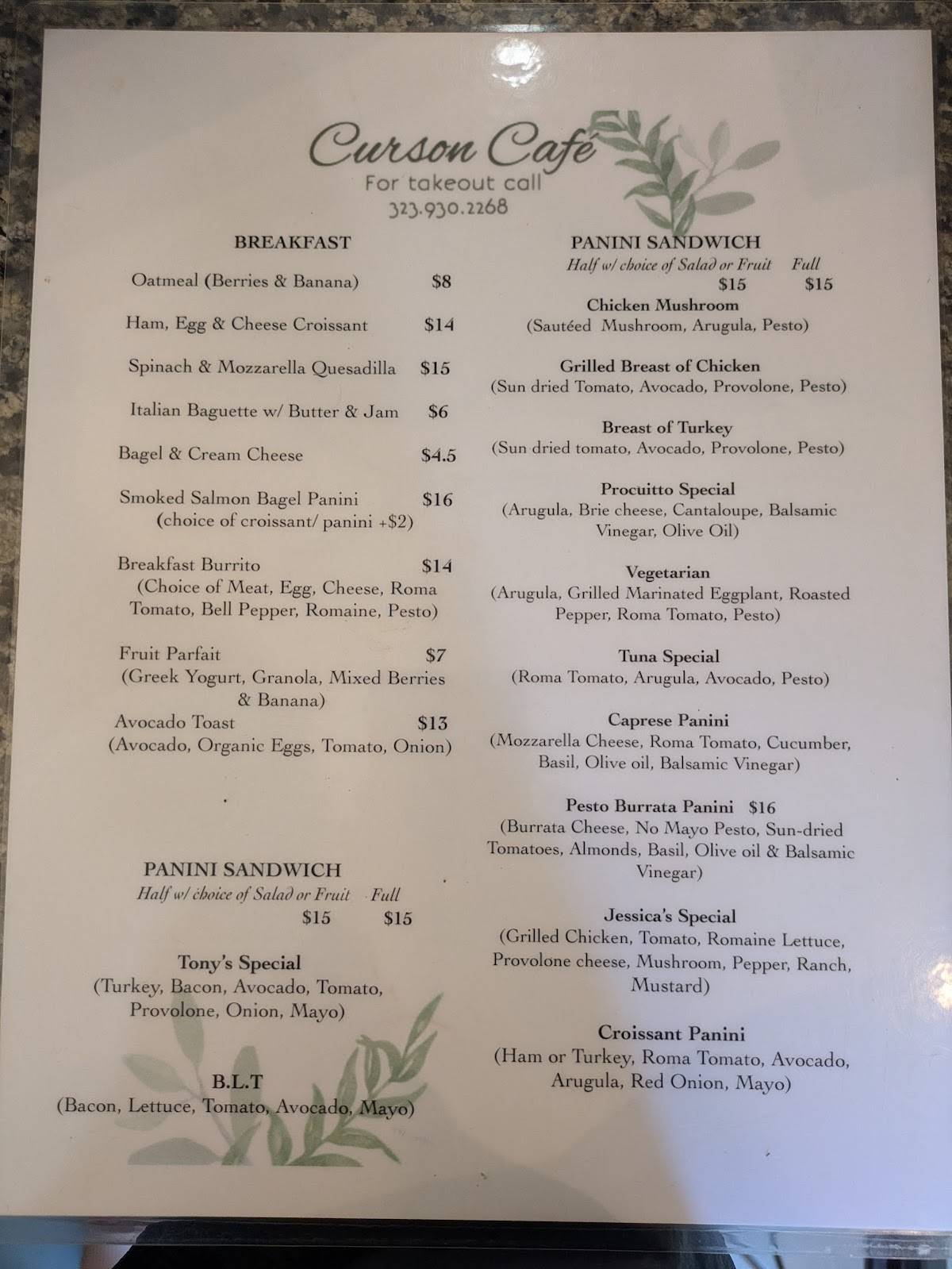 Menu at Curson Café cafe, Los Angeles