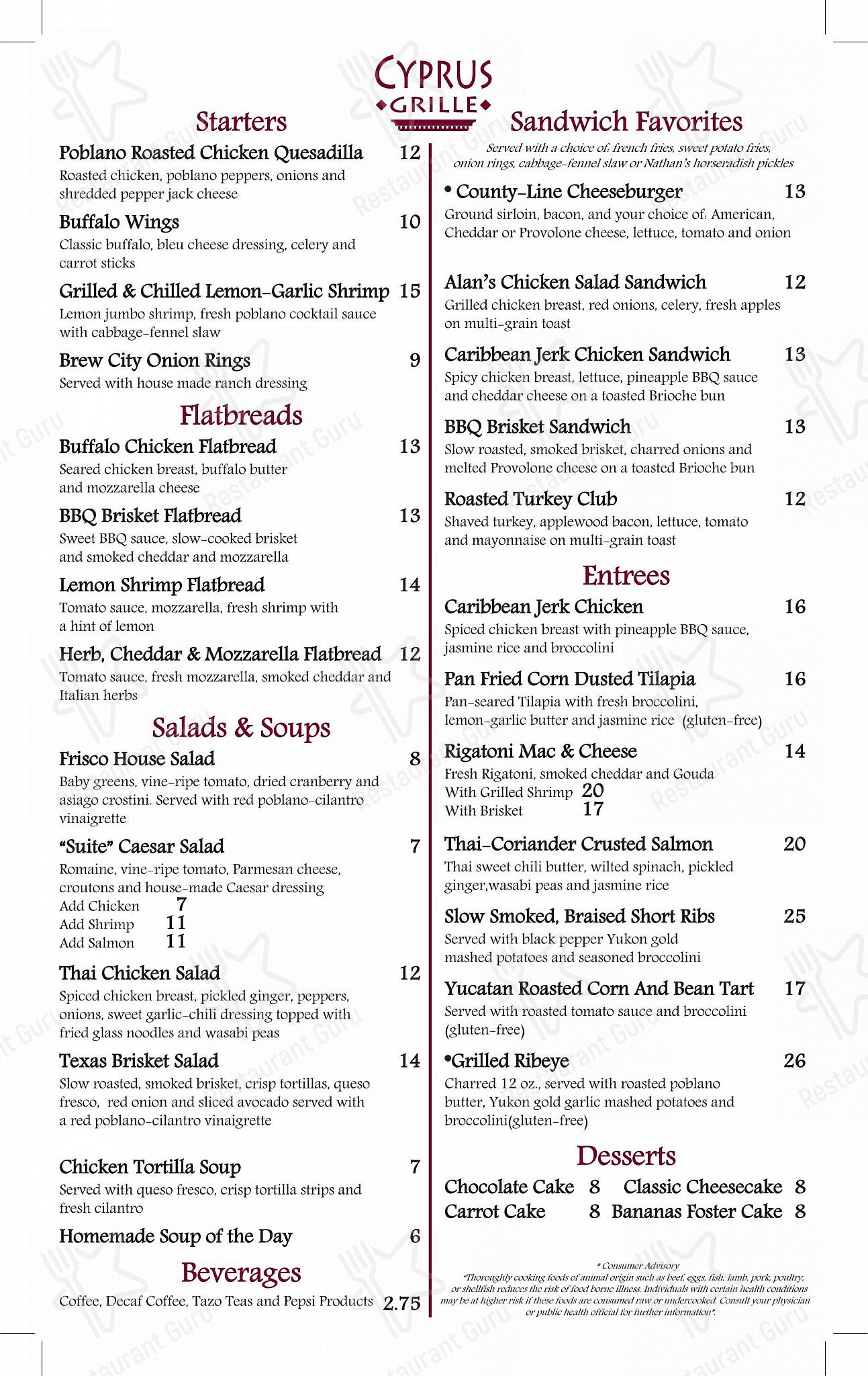 Menu at Cyprus.Grille pub & bar, Frisco