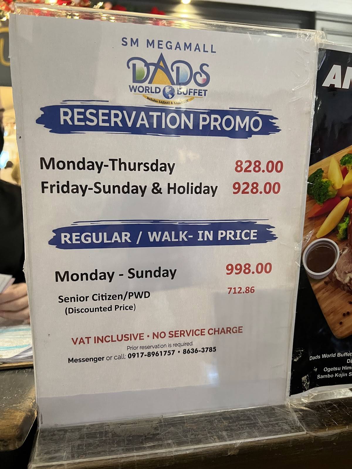 Menu at DADS World Buffet restaurant, Mandaluyong, SM Megamall