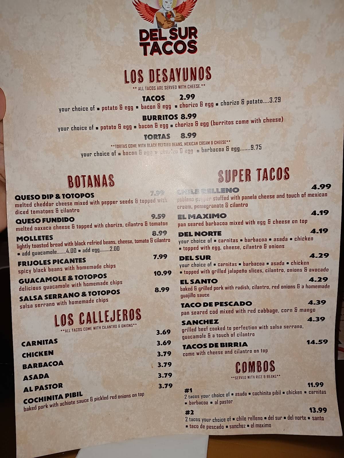 Menu at DEL SUR TACOS restaurant, Dallas, 720 E Jefferson Blvd