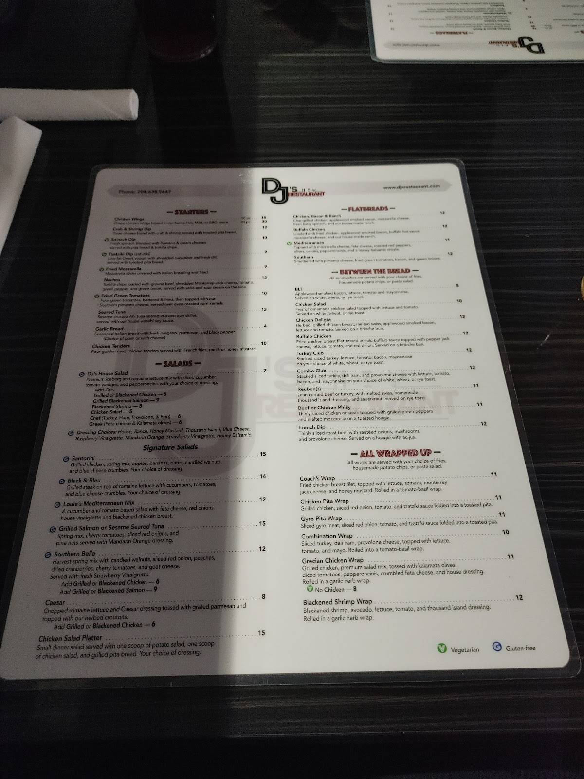 Menu at DJ's Restaurant, Salisbury