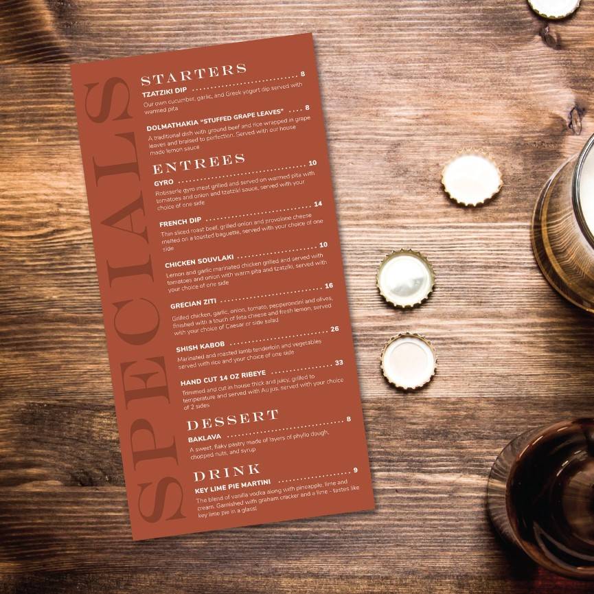 Menu at DJ's Restaurant, Salisbury