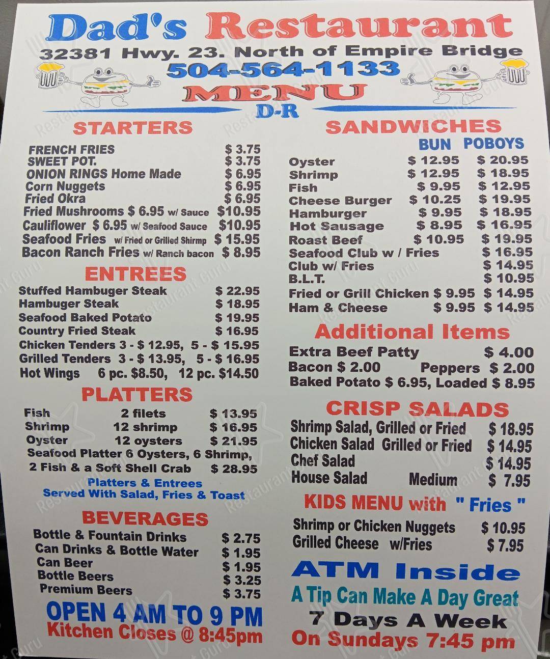 Menu at Dad's Restaurant, Empire