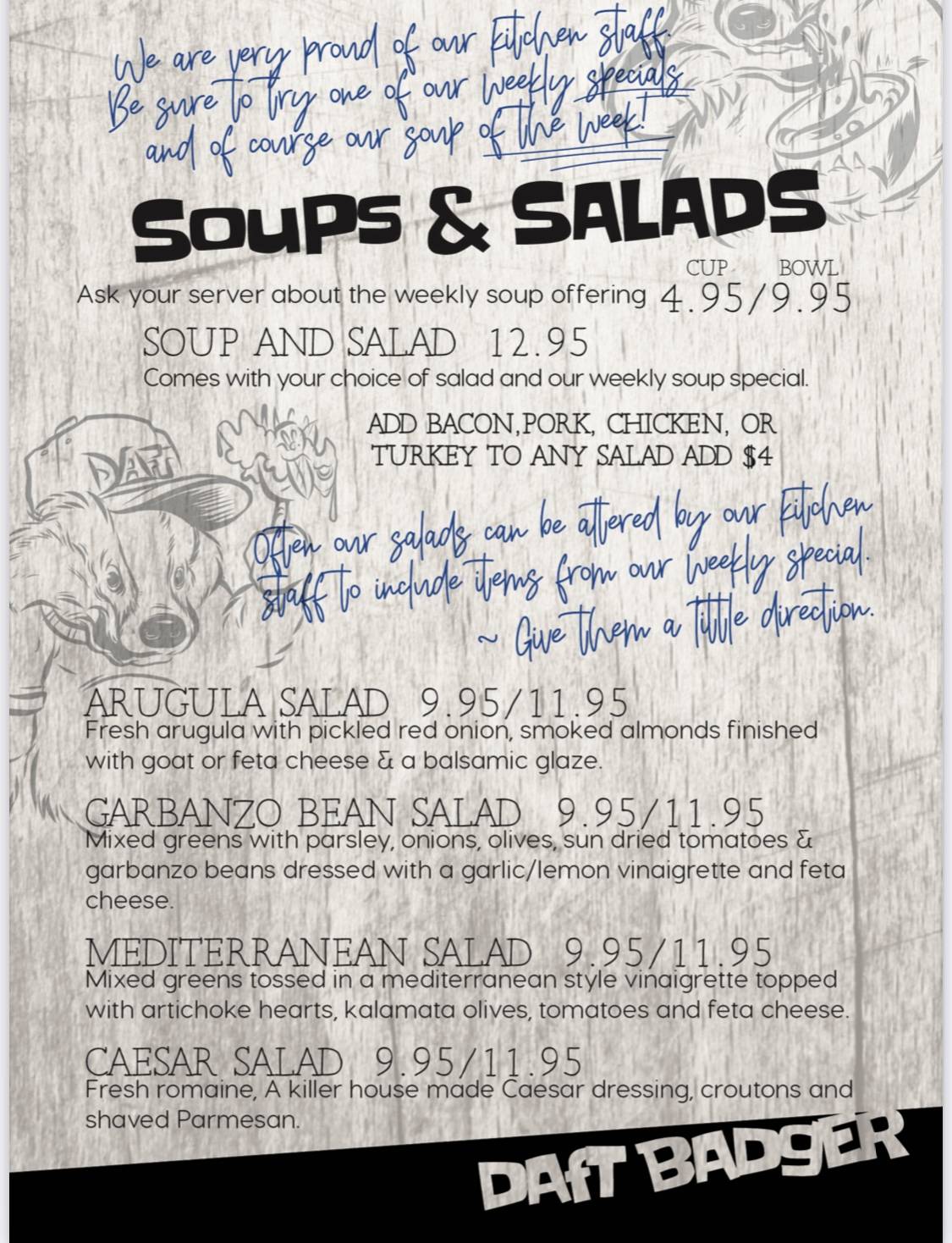 Menu at Daft Badger Brewing pub & bar, Coeur d'Alene