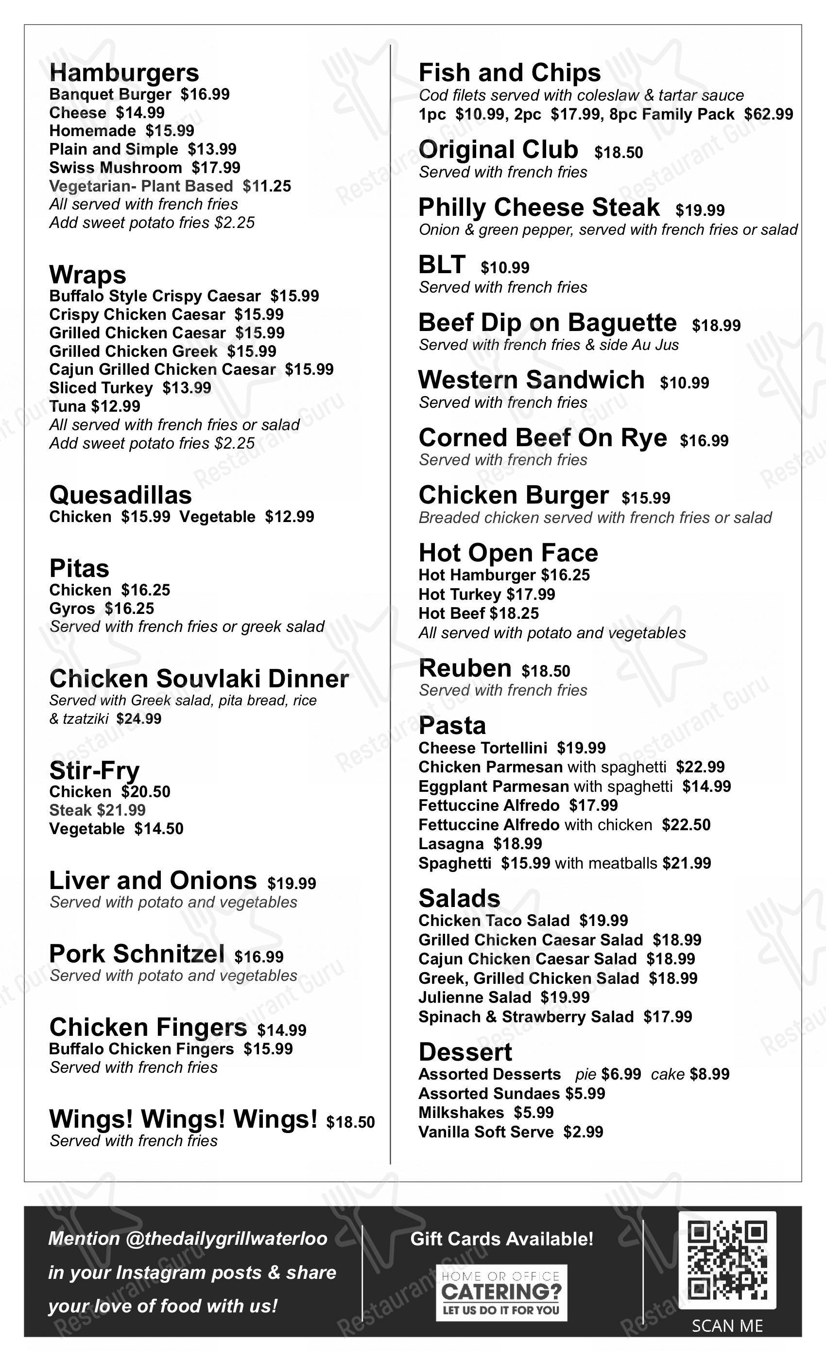 Menu at Daily Grill Restaurant, Waterloo