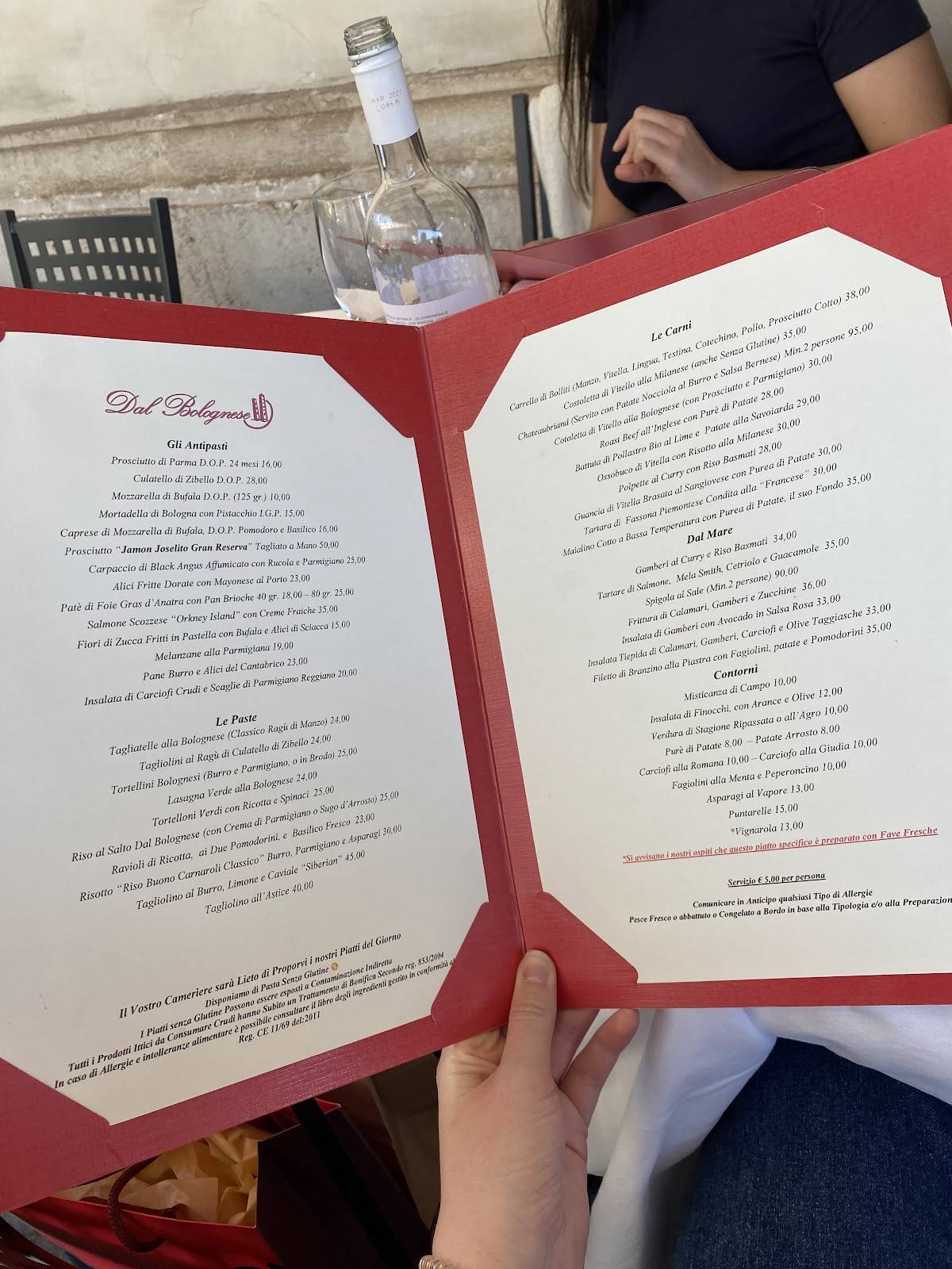 Menu at Dal Bolognese Roma restaurant, Rome