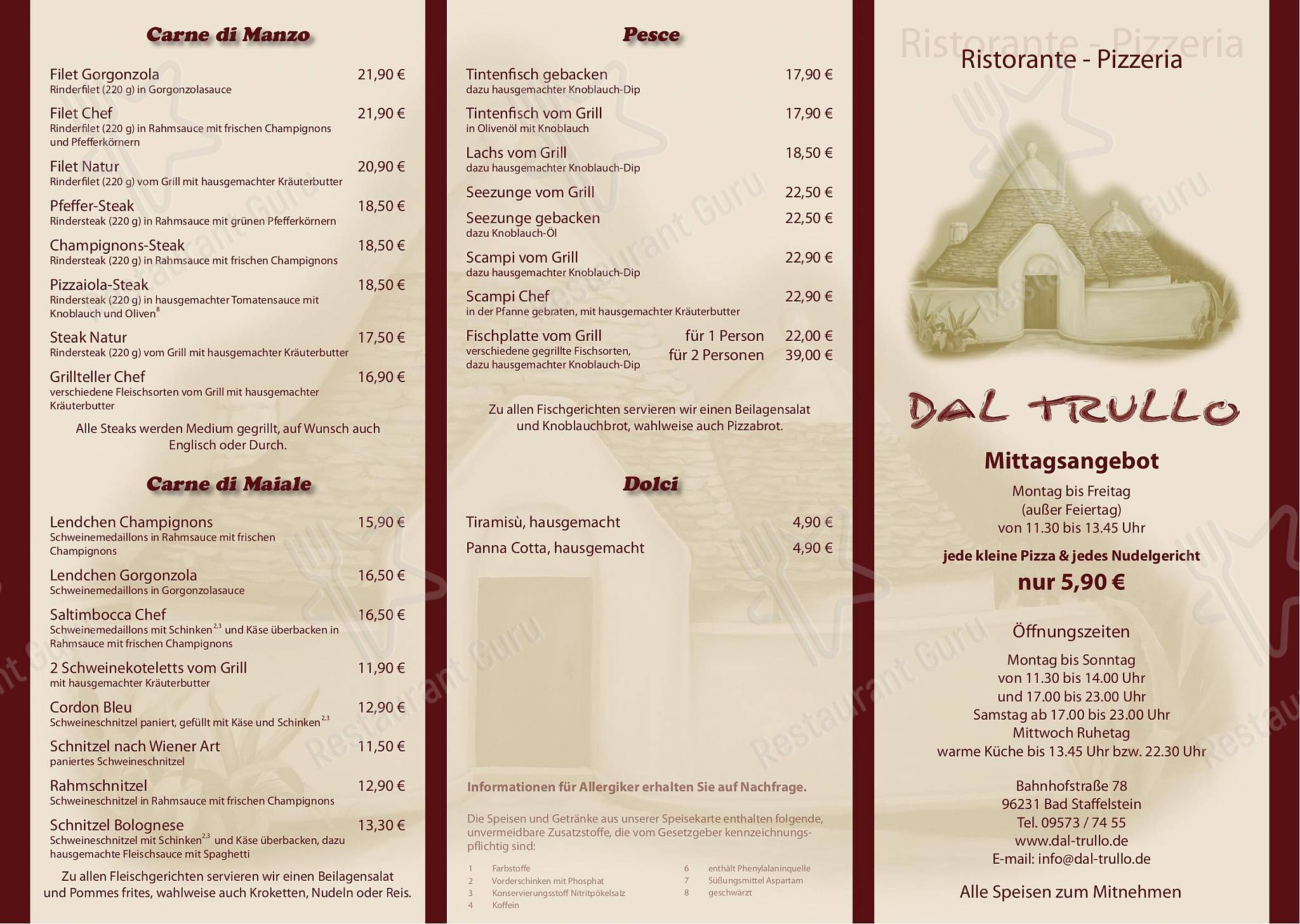 Speisekarte von Ristorante Pizzeria Dal Trullo, Bad Staffelstein
