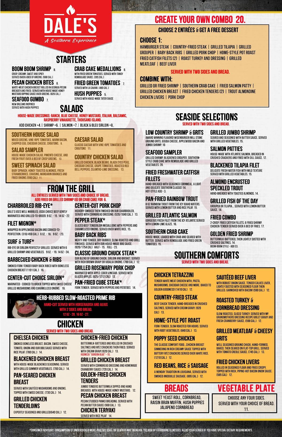 Menu at Dale's Southern Grill steakhouse, Hoover, Montgomery Hwy #109