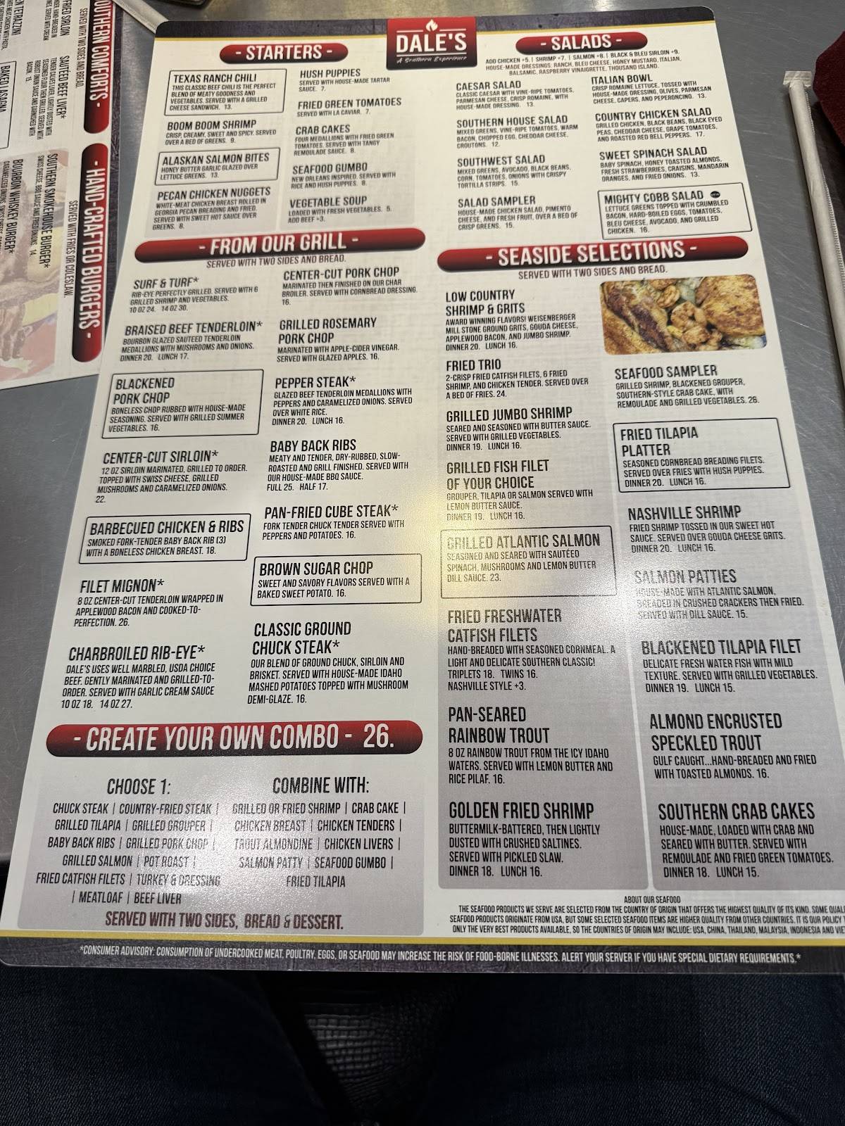Menu at Dale's Southern Grill steakhouse, Hoover, Montgomery Hwy #109
