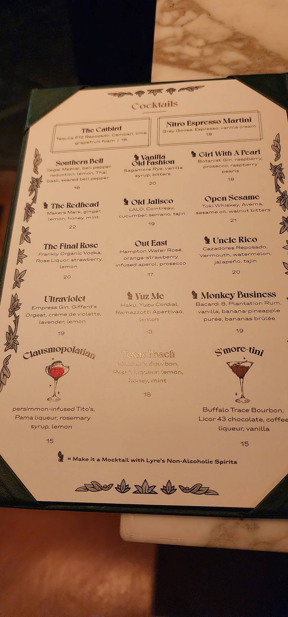 Menu at Catbird restaurant, Dallas