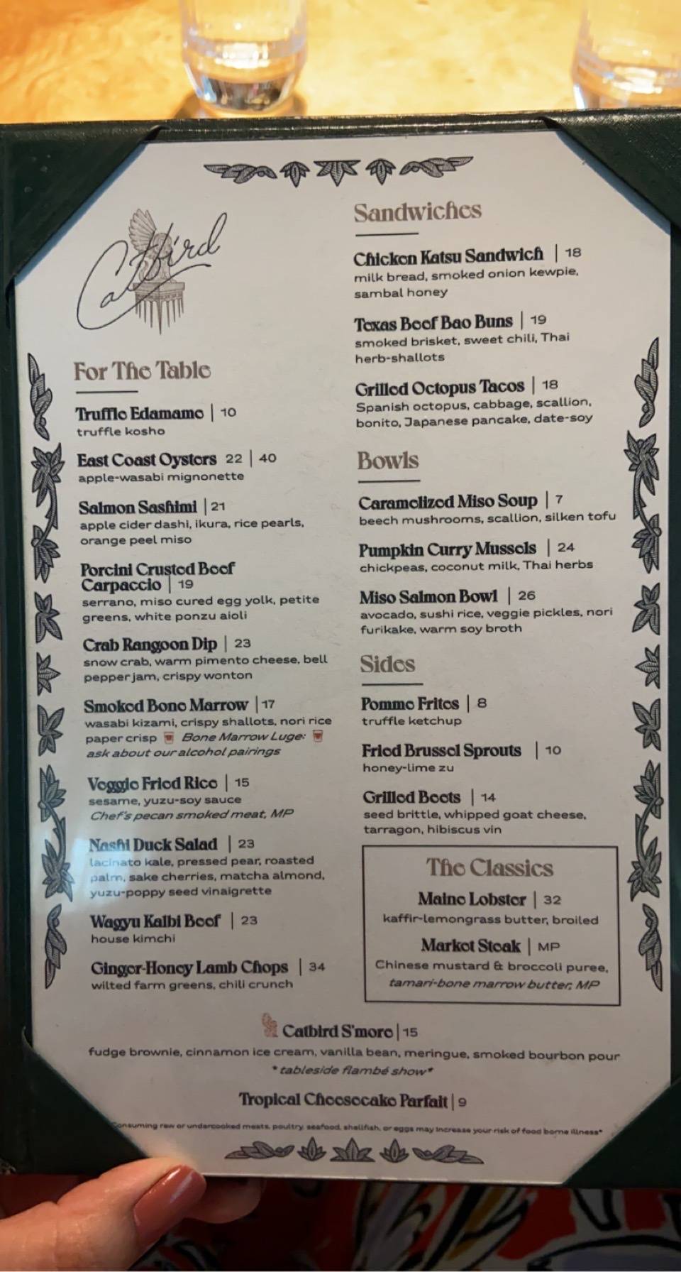 Menu at Catbird restaurant, Dallas