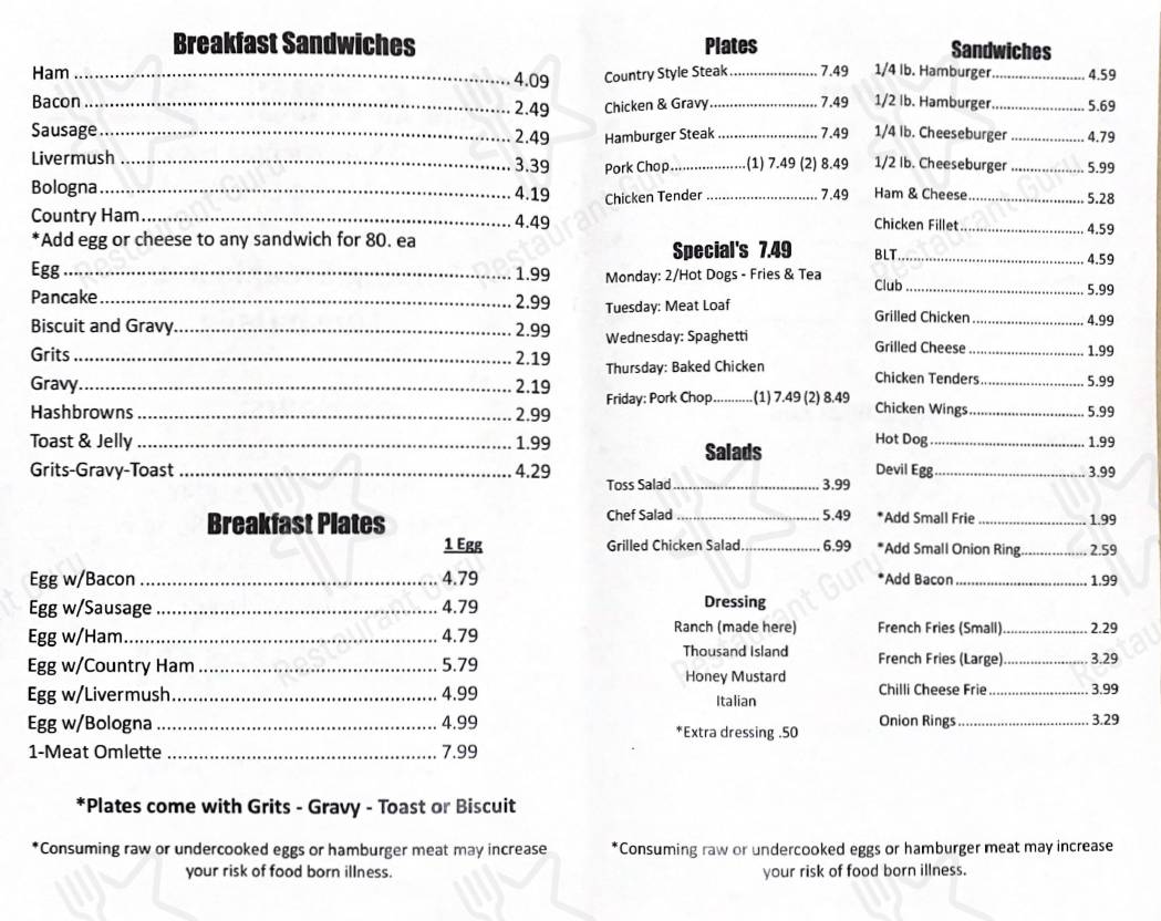 Menu at Dan's restaurant, Bessemer City
