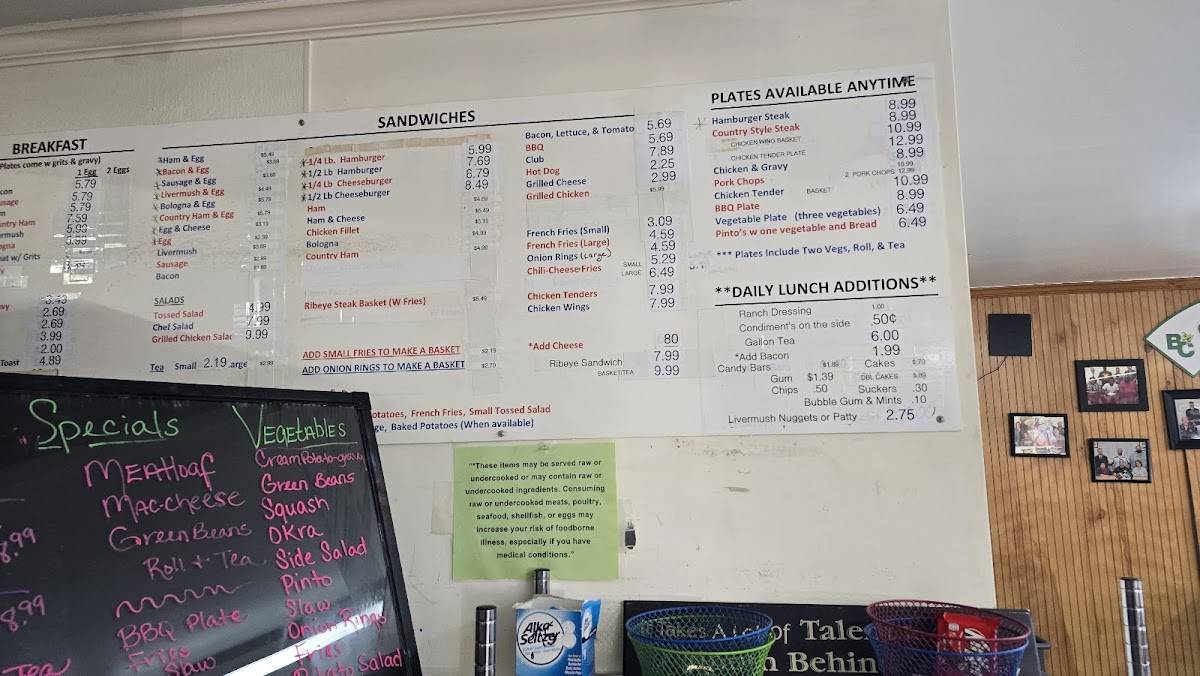 Menu at Dan's restaurant, Bessemer City