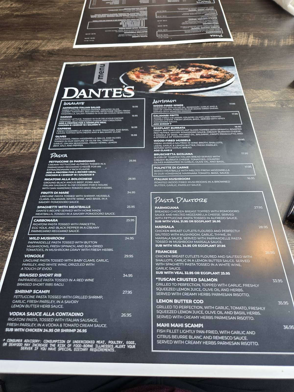 Menu at Dante's Italian Kitchen pizzeria, Sanibel