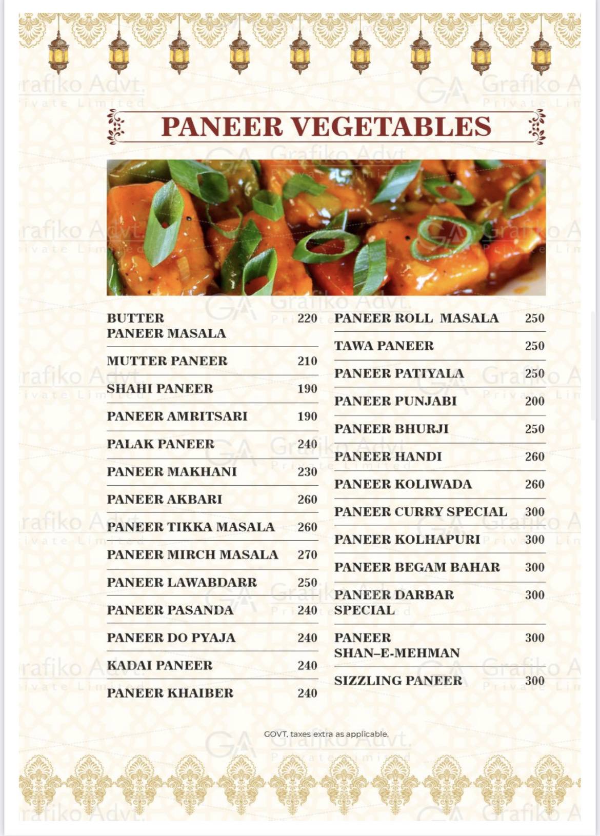 Menu at Darbar veg restaurant, Jabalpur