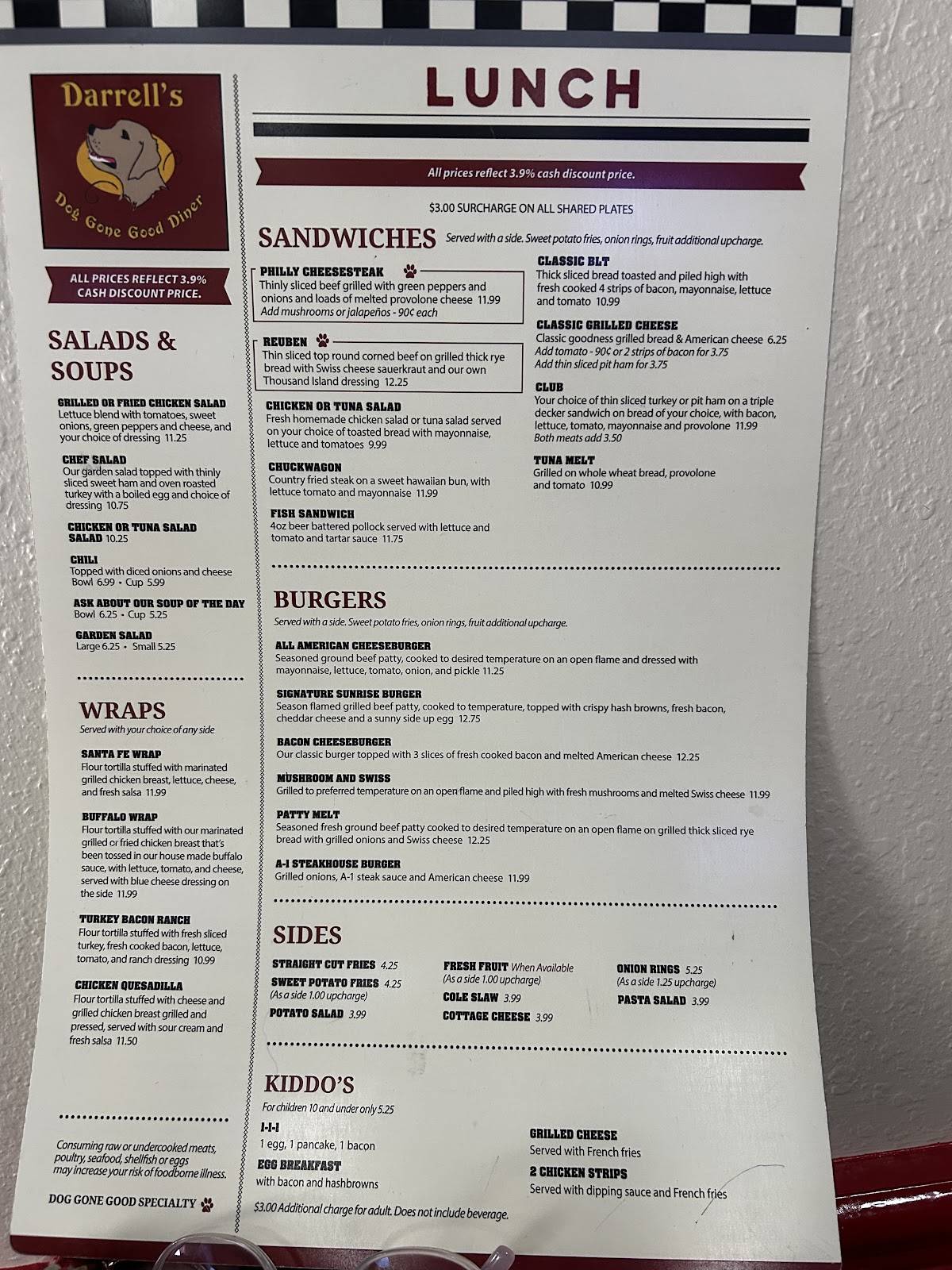 Menu at Darrell’s Diner restaurant, Bushnell