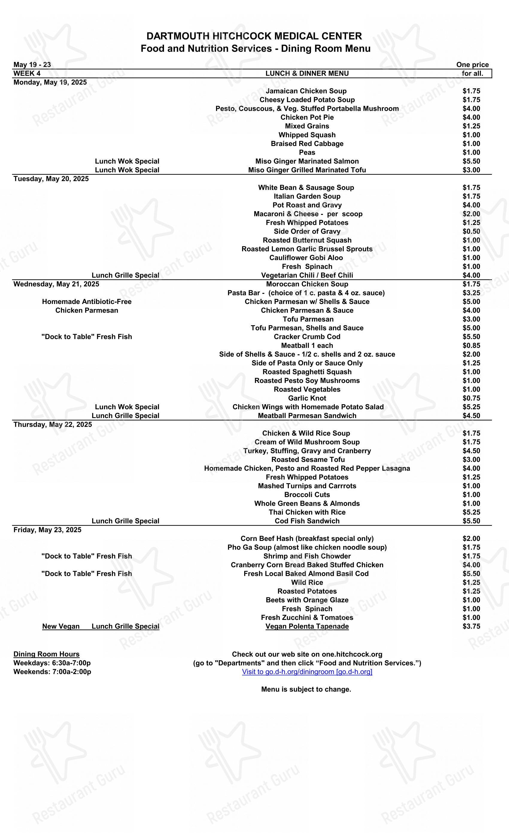 Menu at Dartmouth-Hitchcock Medical Center cafeteria, Lebanon