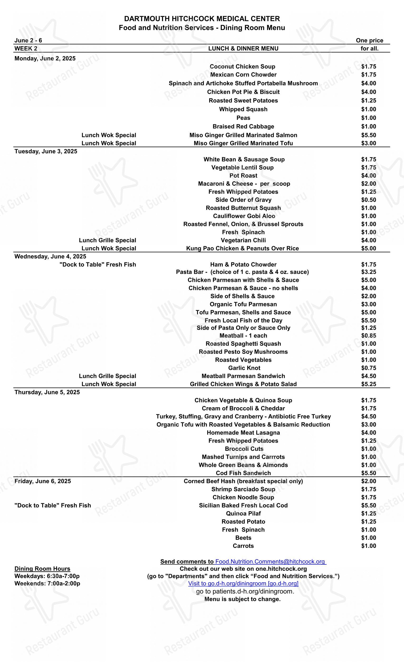 Menu at Dartmouth-Hitchcock Medical Center cafeteria, Lebanon