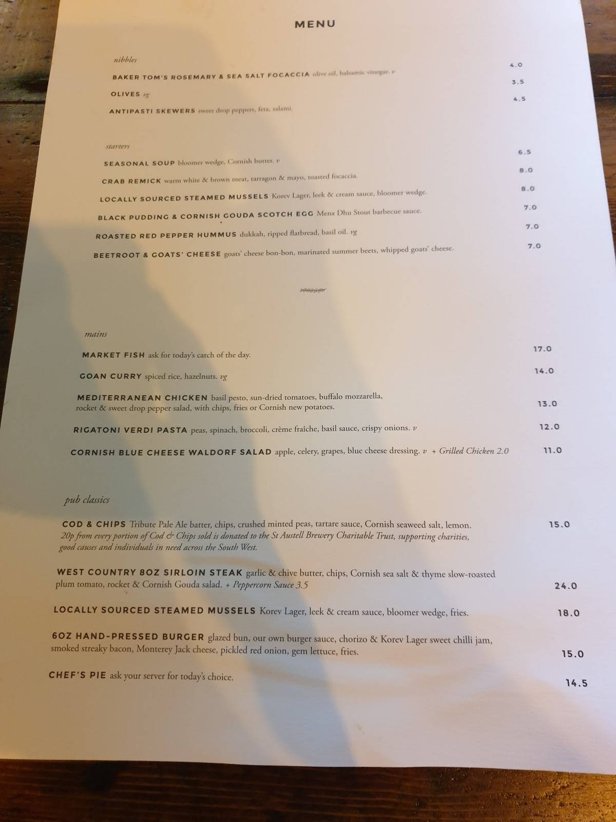 Menu at The Royal Castle pub & bar, Dartmouth