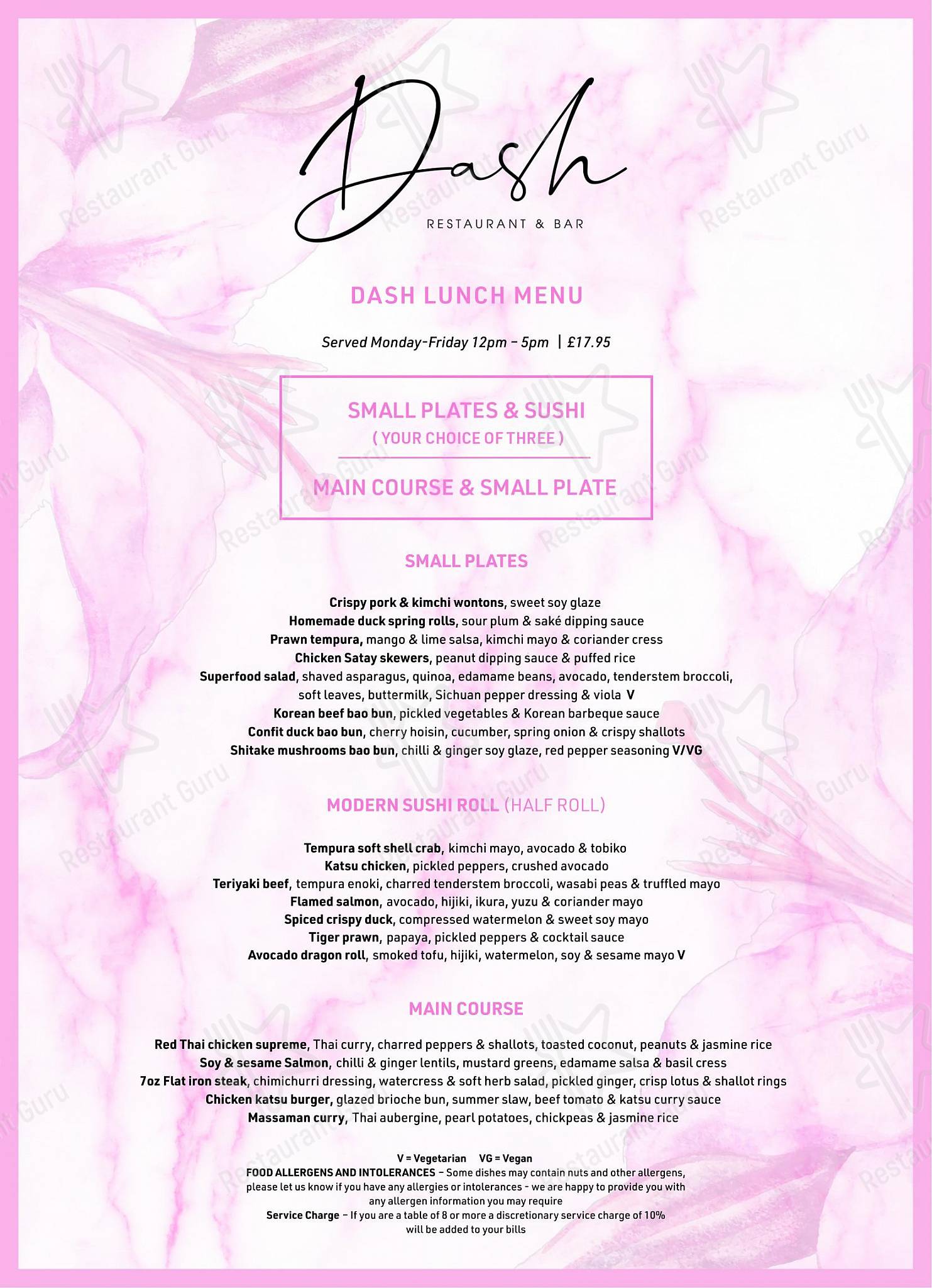 Меню Dash Restaurant & Bar Liverpool, Ливерпуль