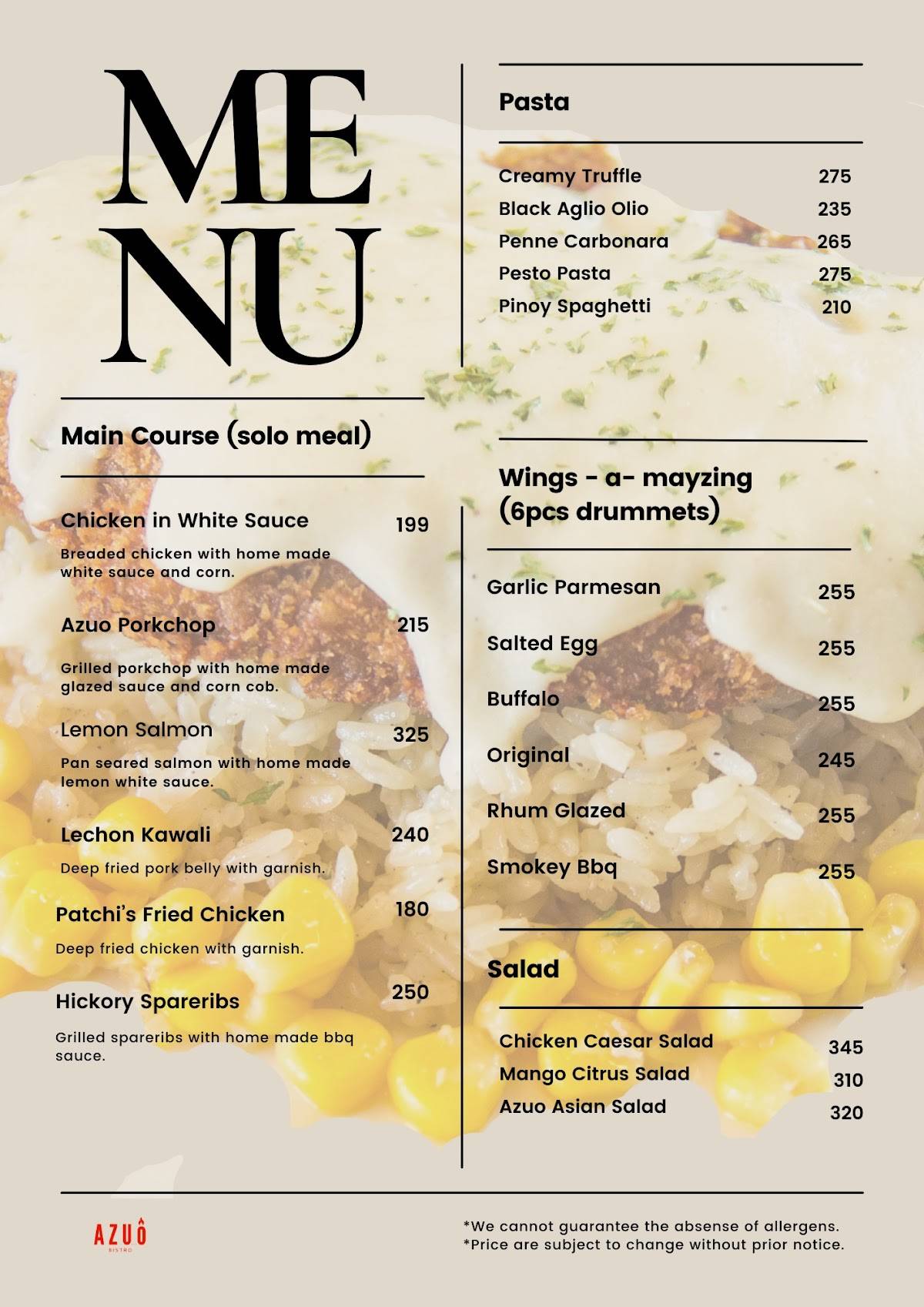 Menu at Azuo Bistro restaurant, Davao City