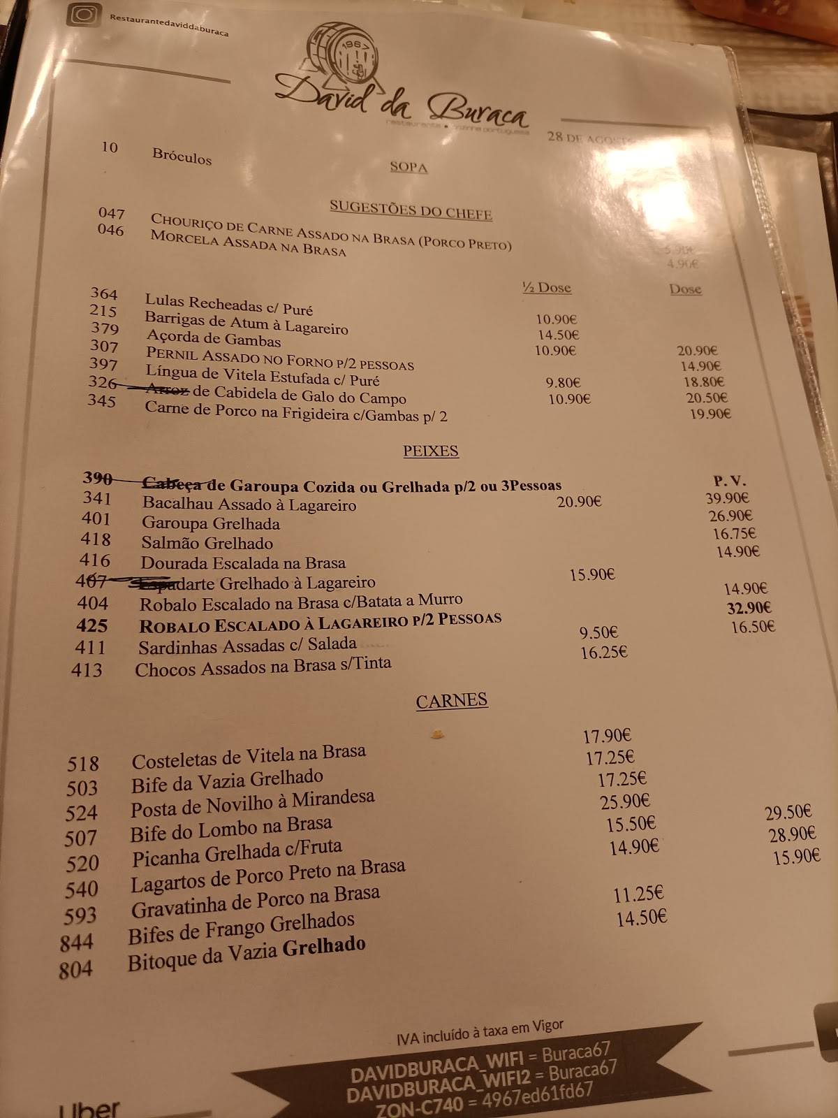 Menu em David da Buraca restaurante, Lisboa