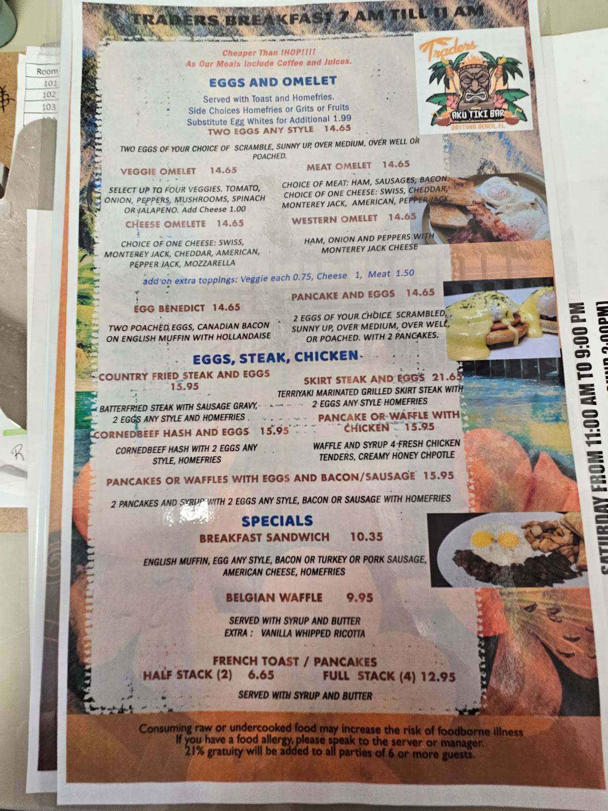 Menu at Traders Restaurant & Tiki Lounge, Daytona Beach Shores