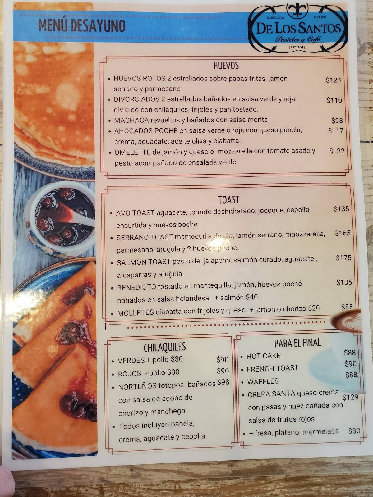 Menu at De Los Santos Pastel Y Café, Monclova
