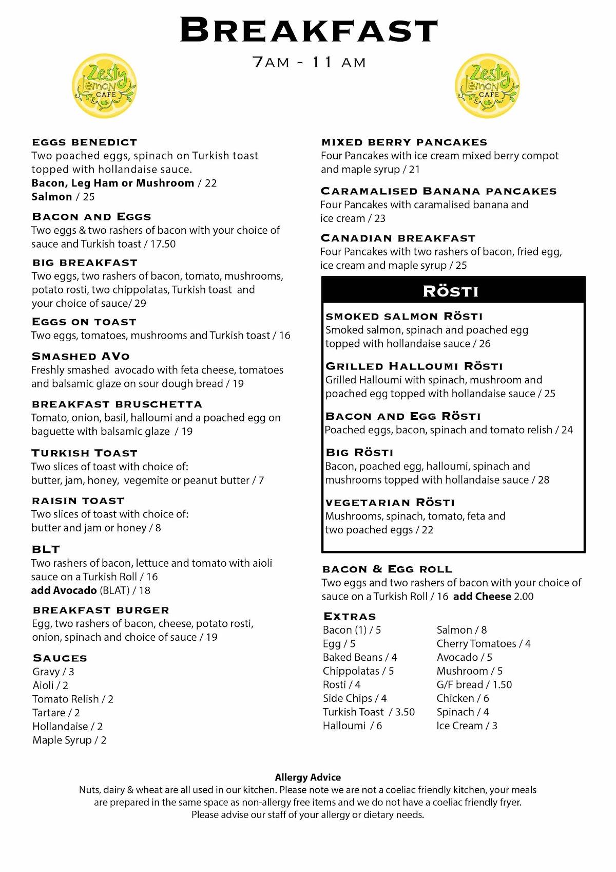 Menu at Zesty Lemon Cafe, Deception Bay