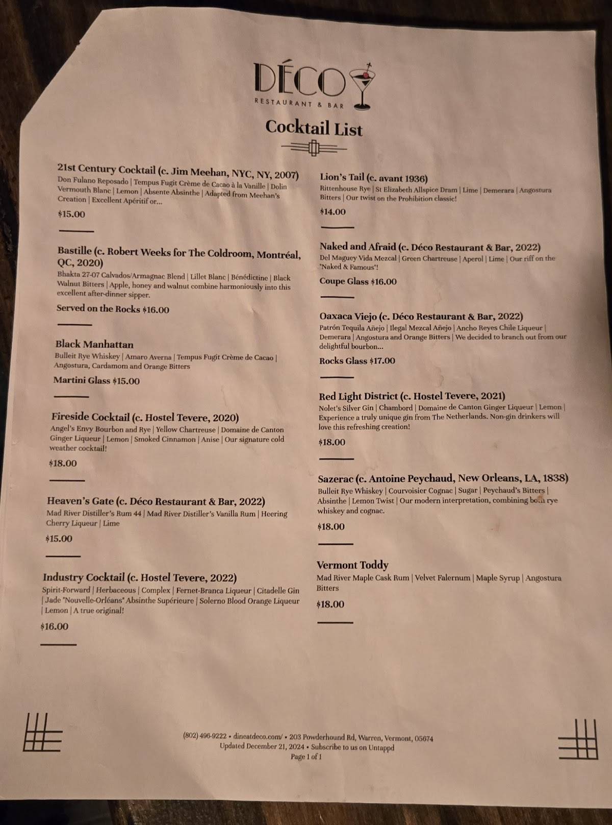 Menu at Déco Restaurant & Bar, Warren