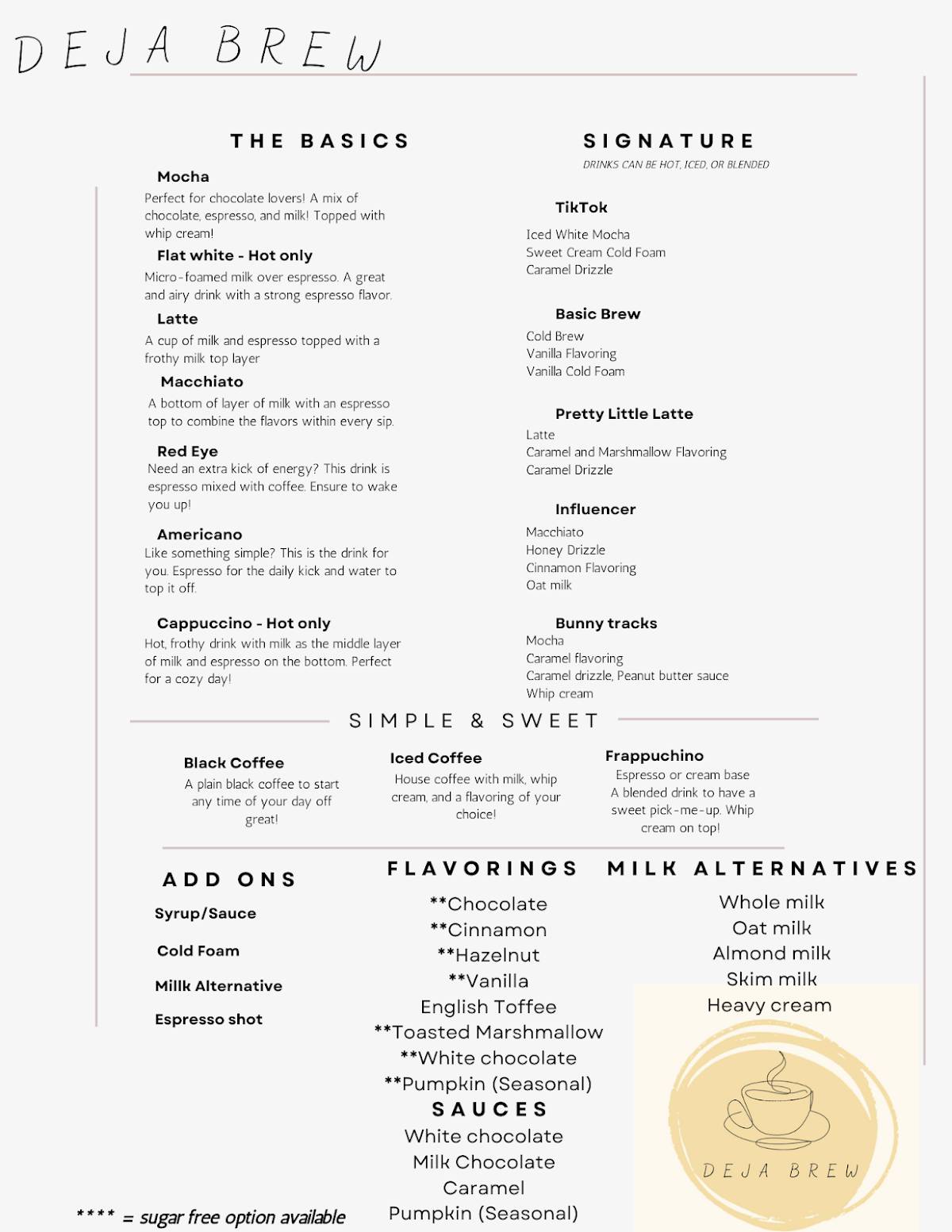 Menu at Deja Brew, Bolivar