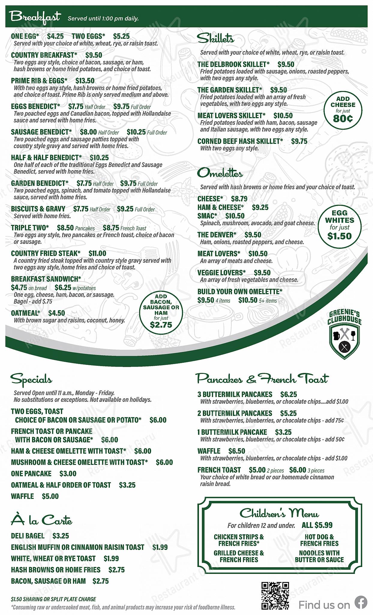 Menu at Greenie's Clubhouse at Delbrook, Delavan