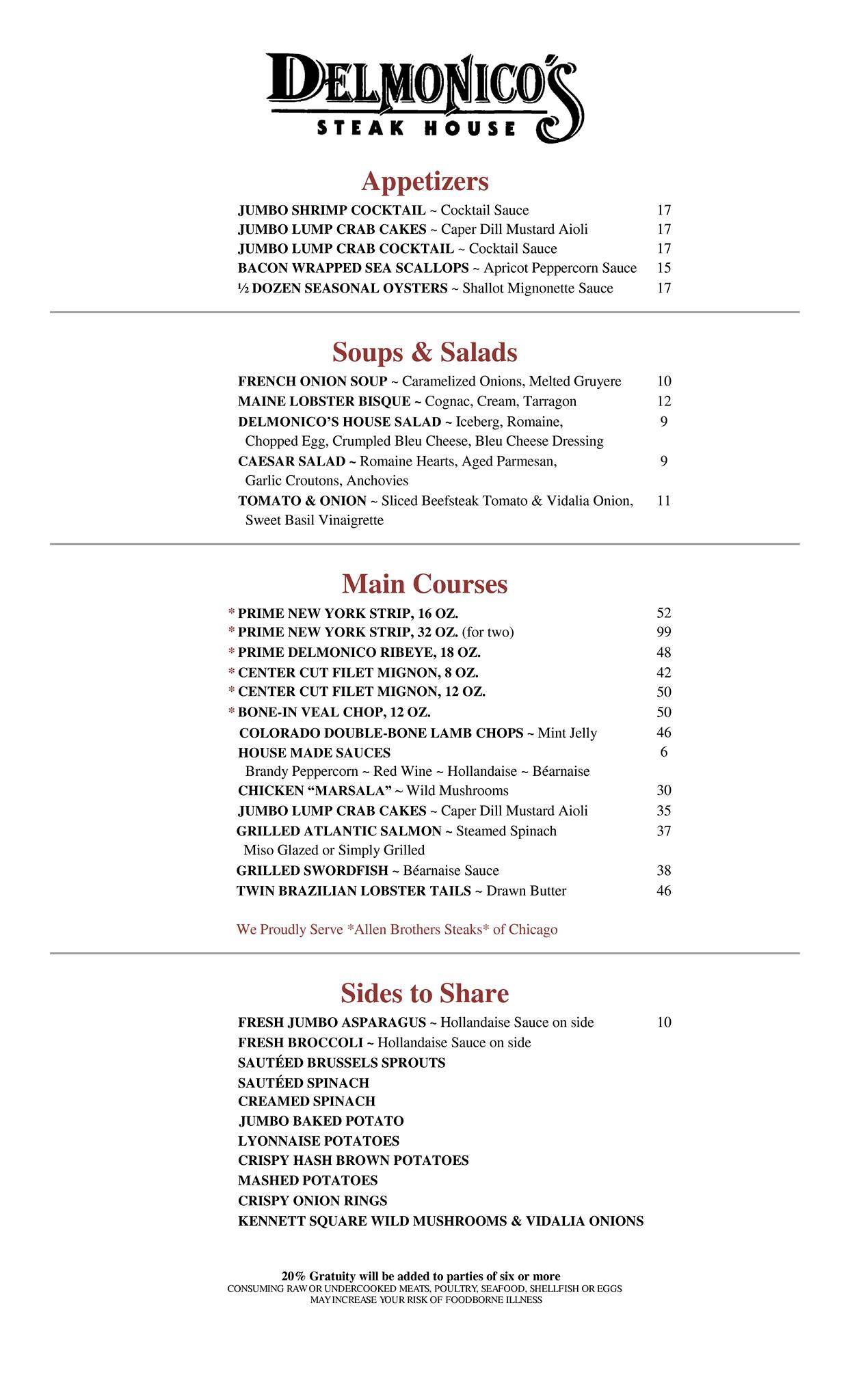 Menu at Delmonico's Steakhouse, Philadelphia