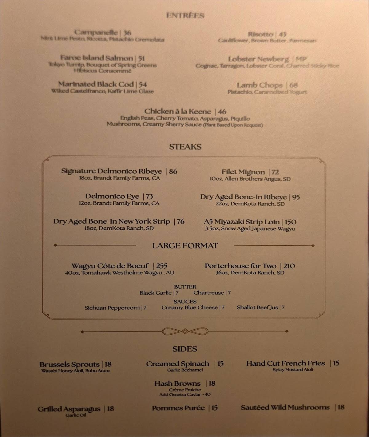 Menu at Delmonico's steakhouse, New York City