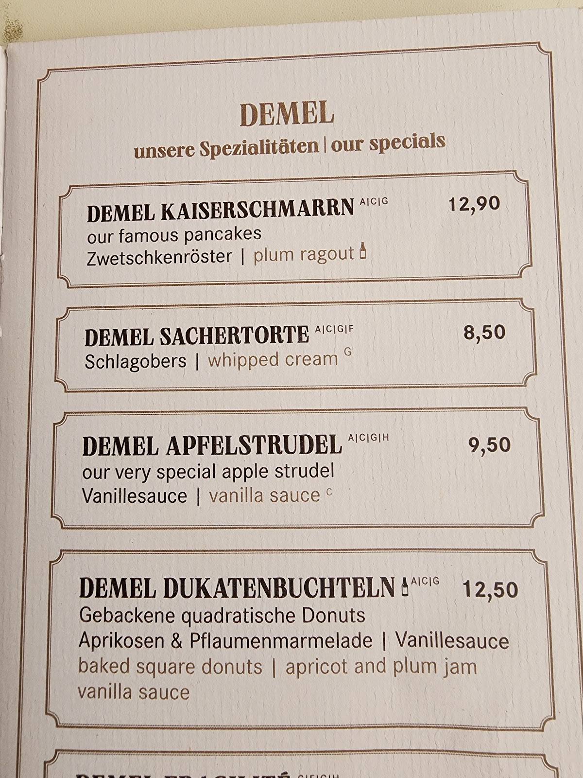Speisekarte von Café Demel cafe, Wien, Kohlmarkt 14