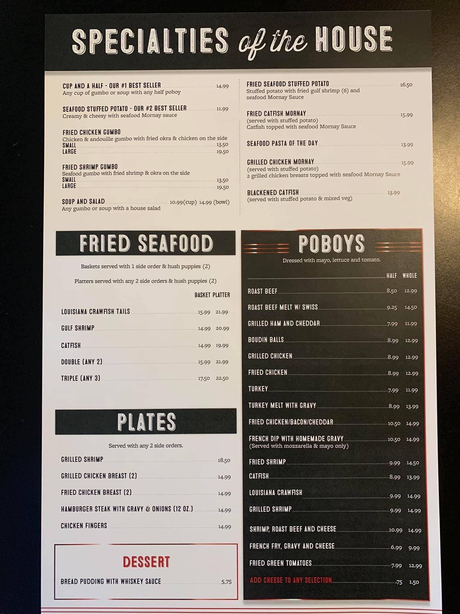 Menu at Dempsey's Poboys restaurant, Baton Rouge, Coursey Blvd