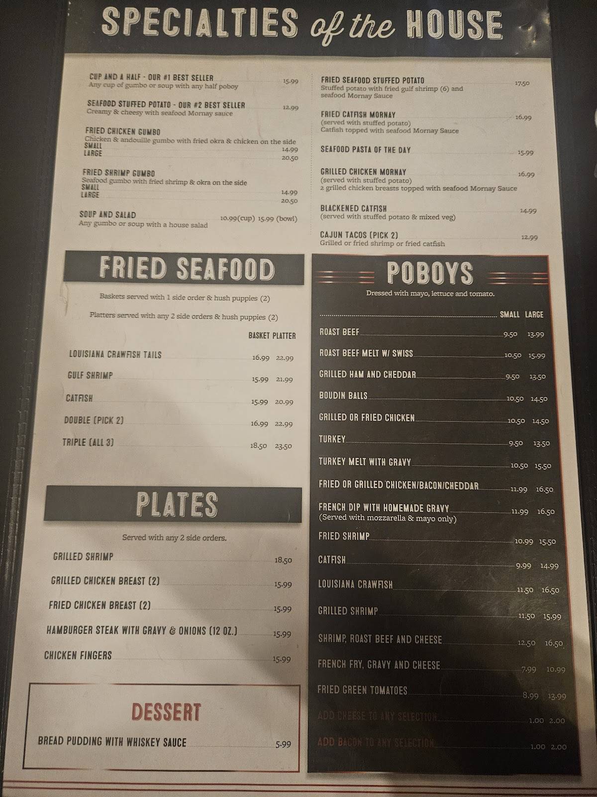 Menu at Dempsey's Poboys restaurant, Baton Rouge, Coursey Blvd