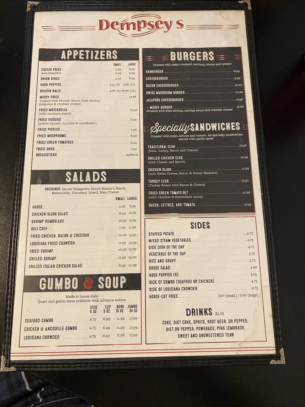 Menu at Dempsey's Poboys restaurant, Baton Rouge, Coursey Blvd