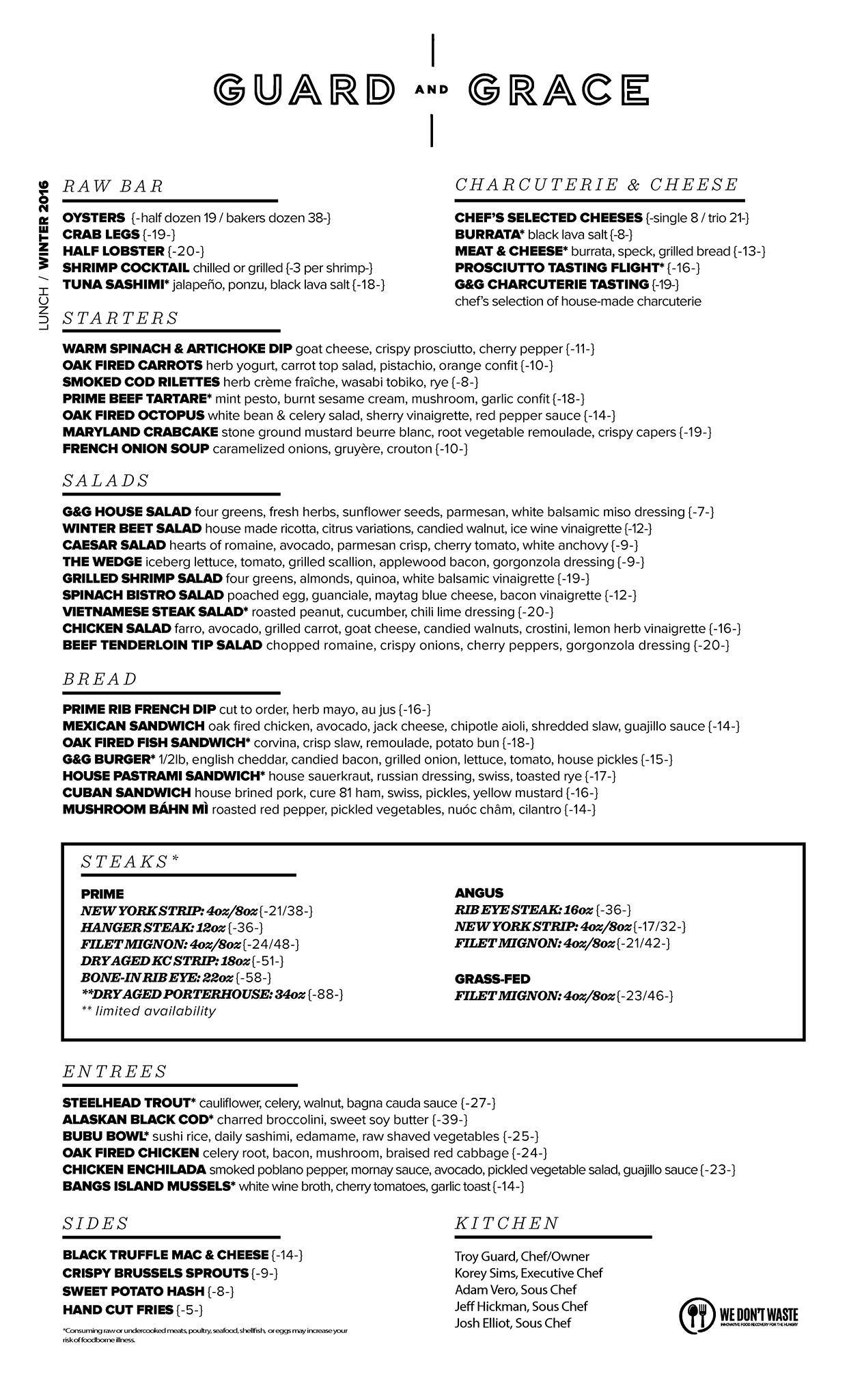 Menu at Guard and Grace steakhouse, Denver