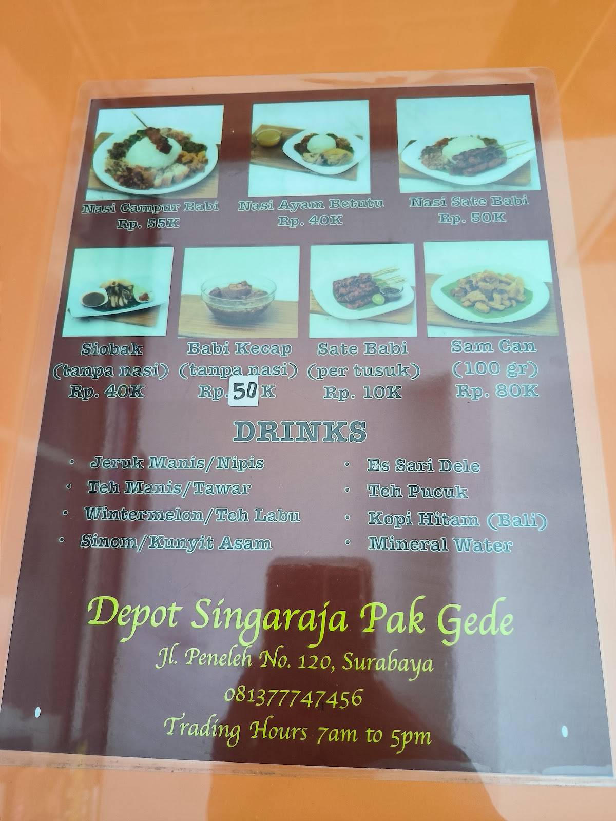 Menu at Depot Singaraja Pak Gede restaurant, Surabaya