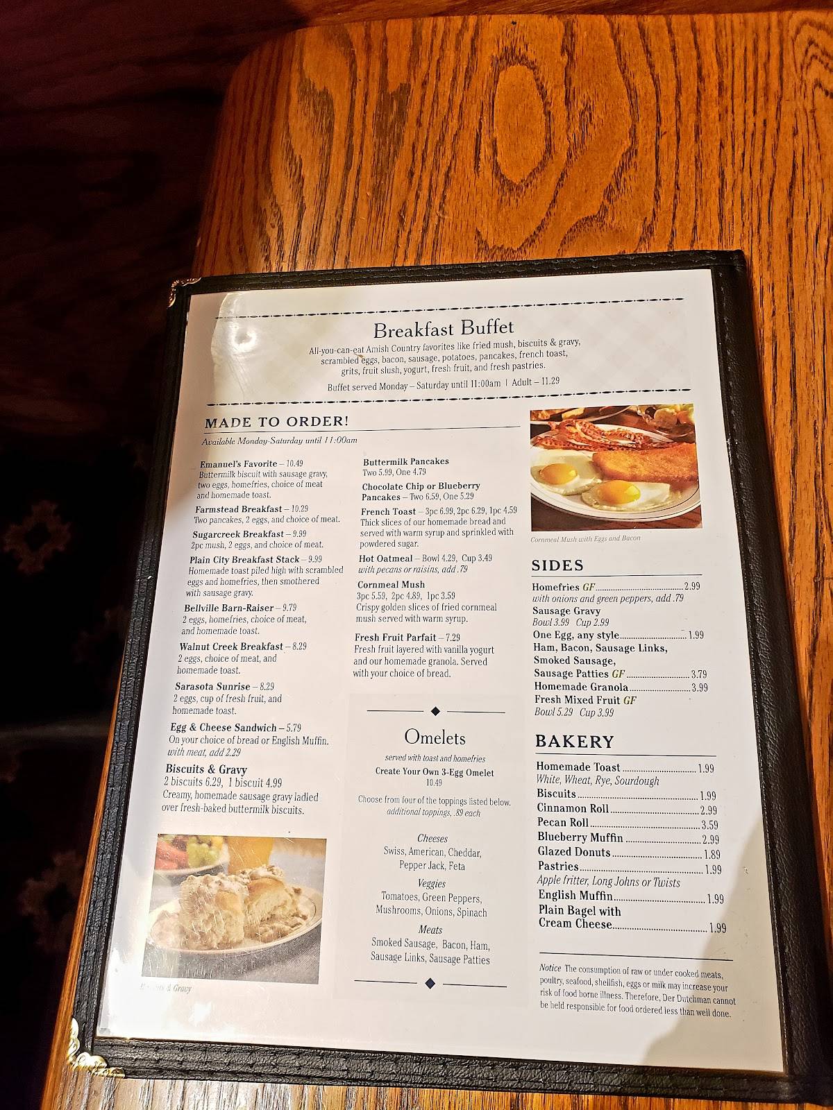 Menu at Der Dutchman restaurant, Bellville