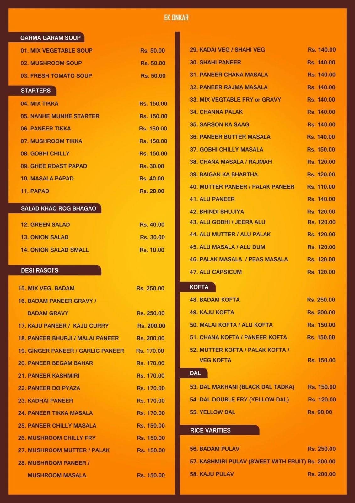 Menu at Desi Rasoi's Punjabi Dhaba, Chennai