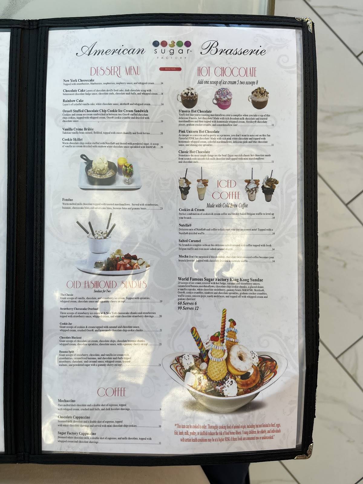 Menu at Sugar Factory desserts, Boston
