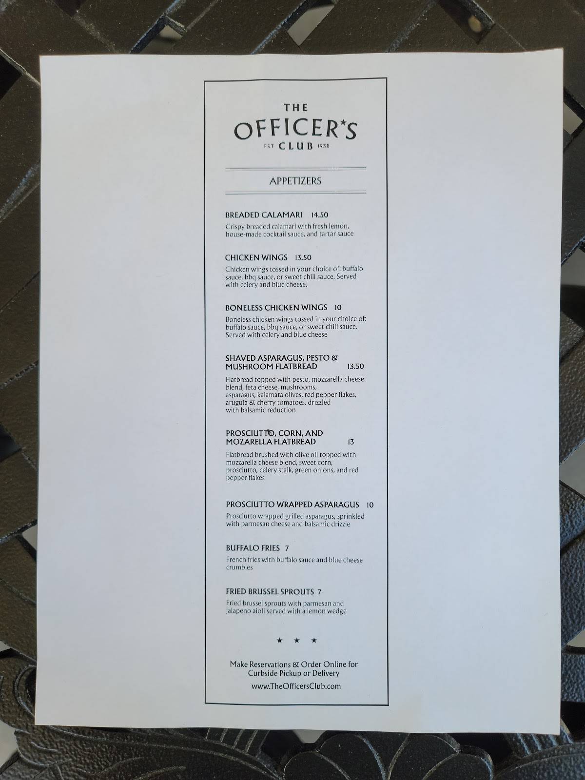 Menu at The Officer's Club, McClellan Park