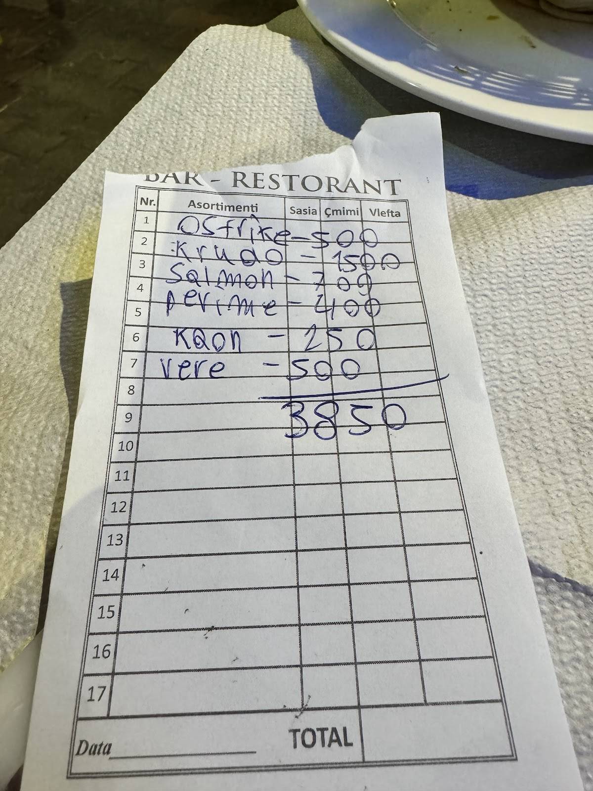 Menu at Detari Fish restaurant, Tirana