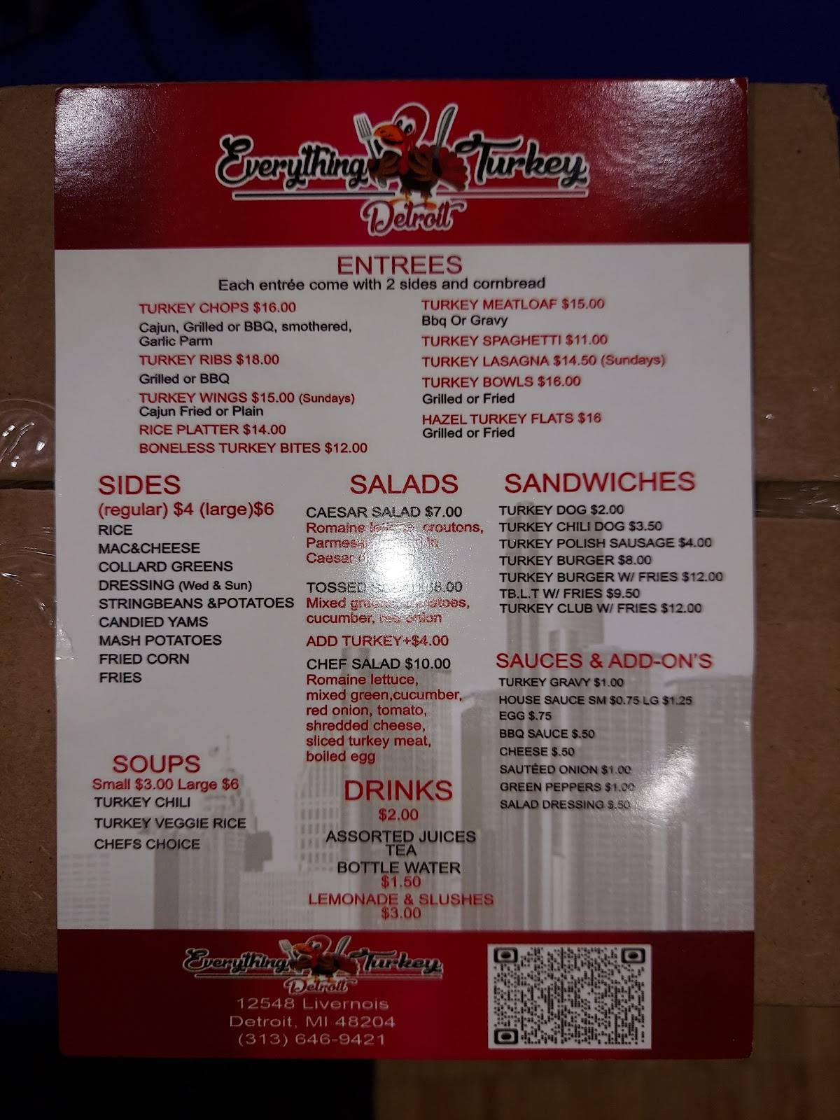 Menu at Everything Turkey restaurant, Detroit
