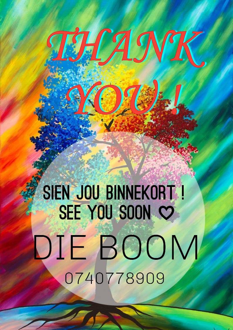 Menu at Die Boom restaurant, Pretoria
